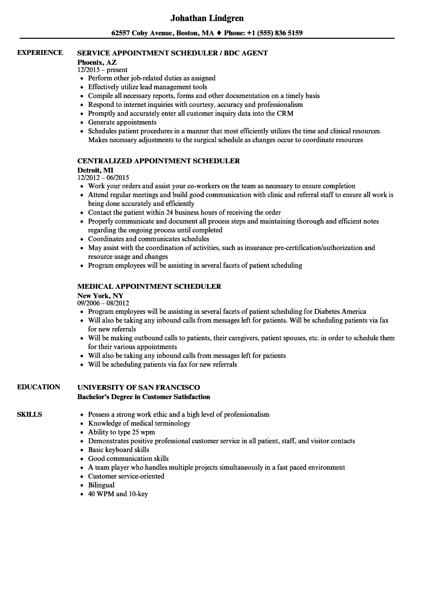 Appointment Scheduler Resume Sample