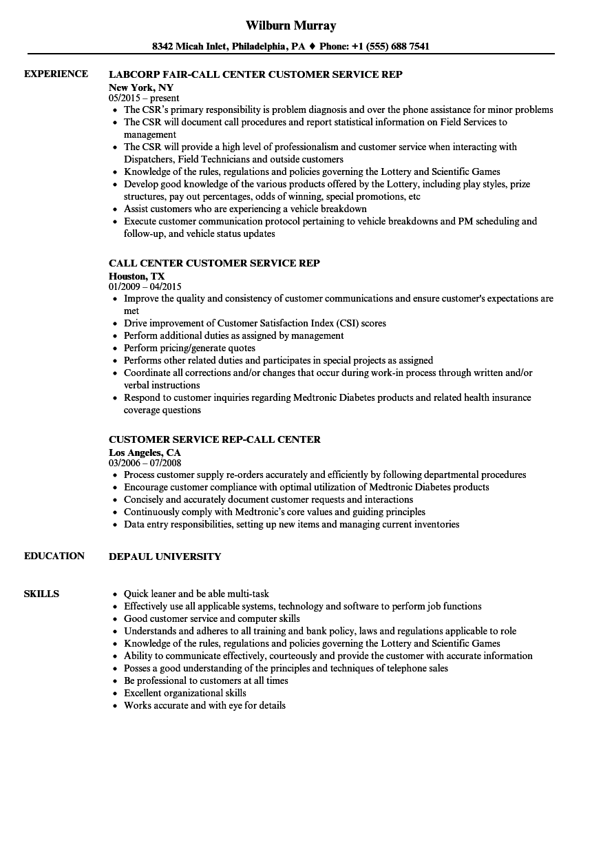Sample Resume For Customer Service Representative Call Center 