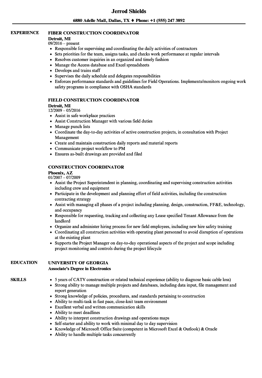 Construction Project Coordinator Resume Sample Construction Project Coordinator Resume Sample
