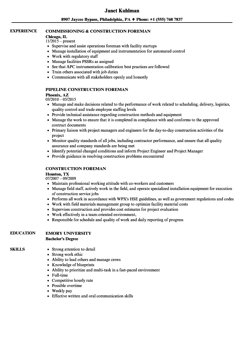 Sample Of Construction Resume Free Resume Templates