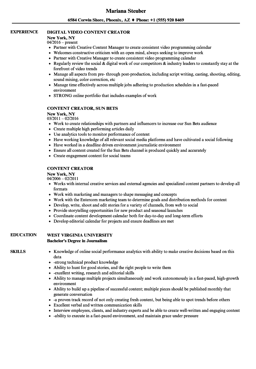 Content Creator Resume Sample