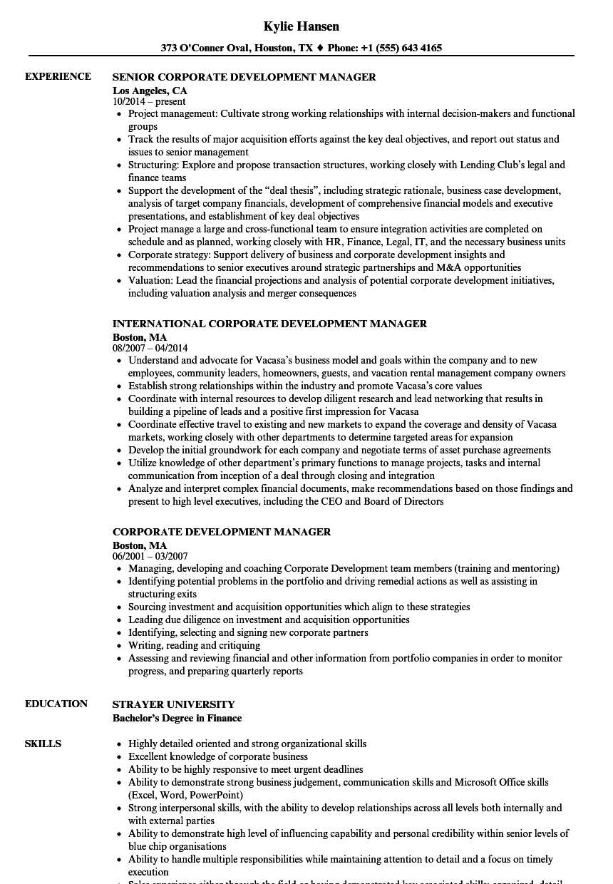 Corporate Development Manager Resume Samples Velvet Jobs