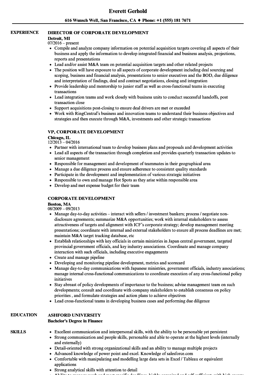 Corporate Development Resume Samples Velvet Jobs