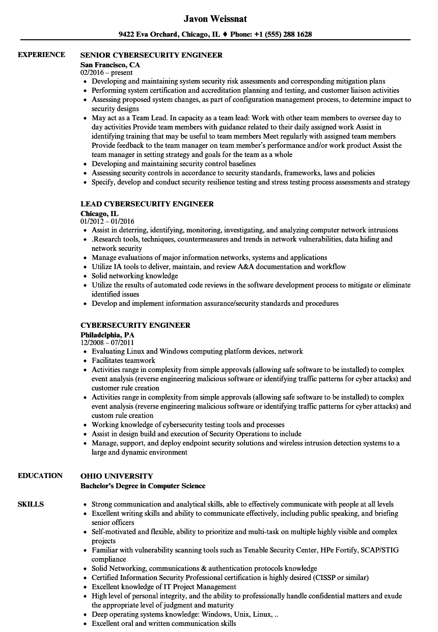 Cybersecurity Engineer Resume Samples Velvet Jobs