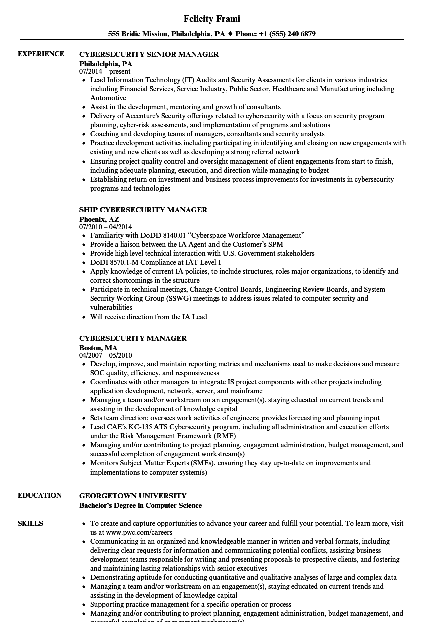 Cybersecurity Manager Resume Samples Velvet Jobs