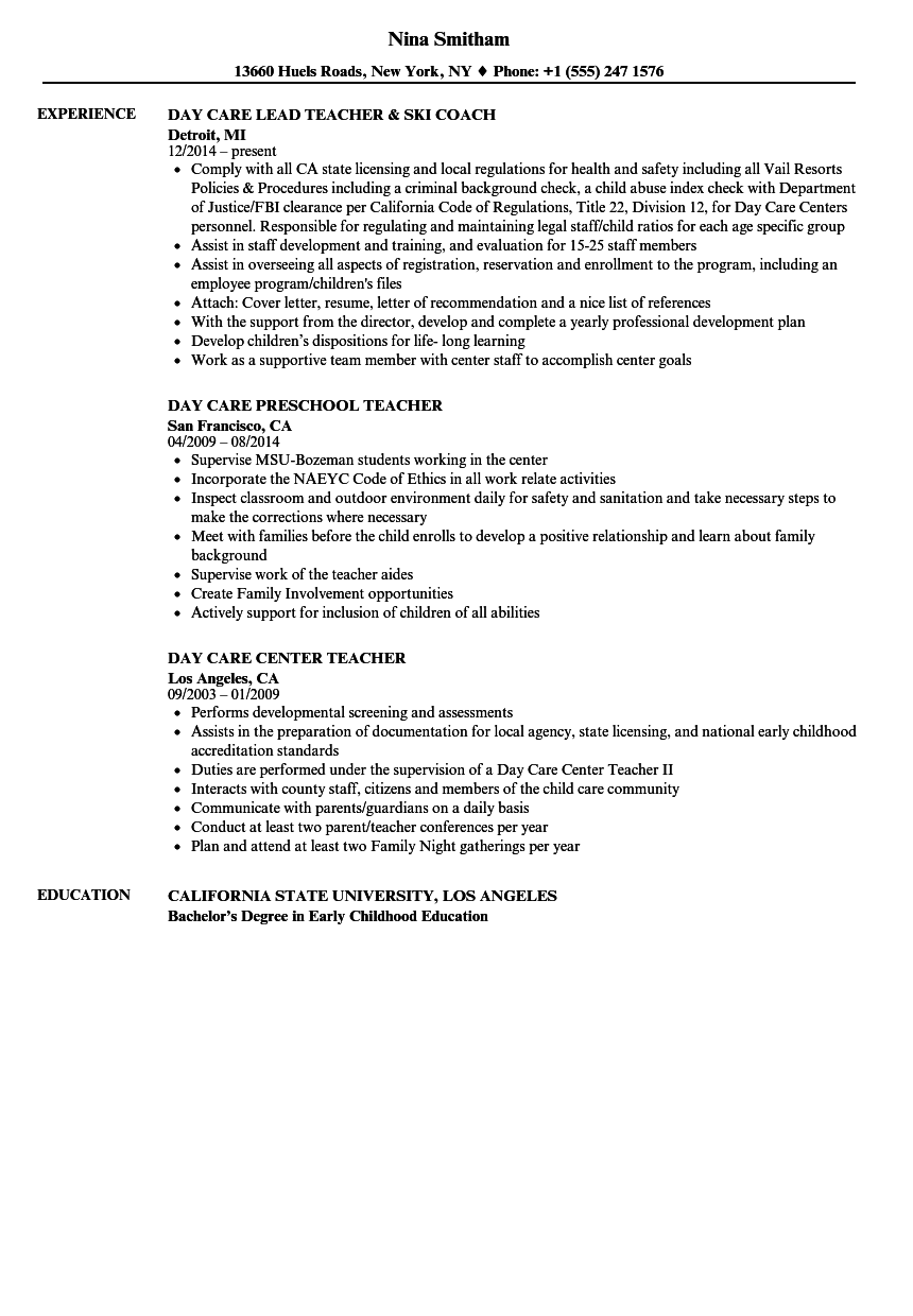 Resume For Child Care Teacher Free Resume Templates