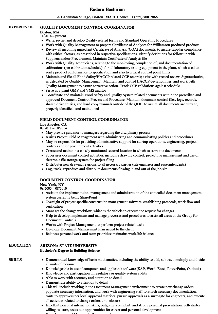 Document Control Coordinator Resume Samples Velvet Jobs