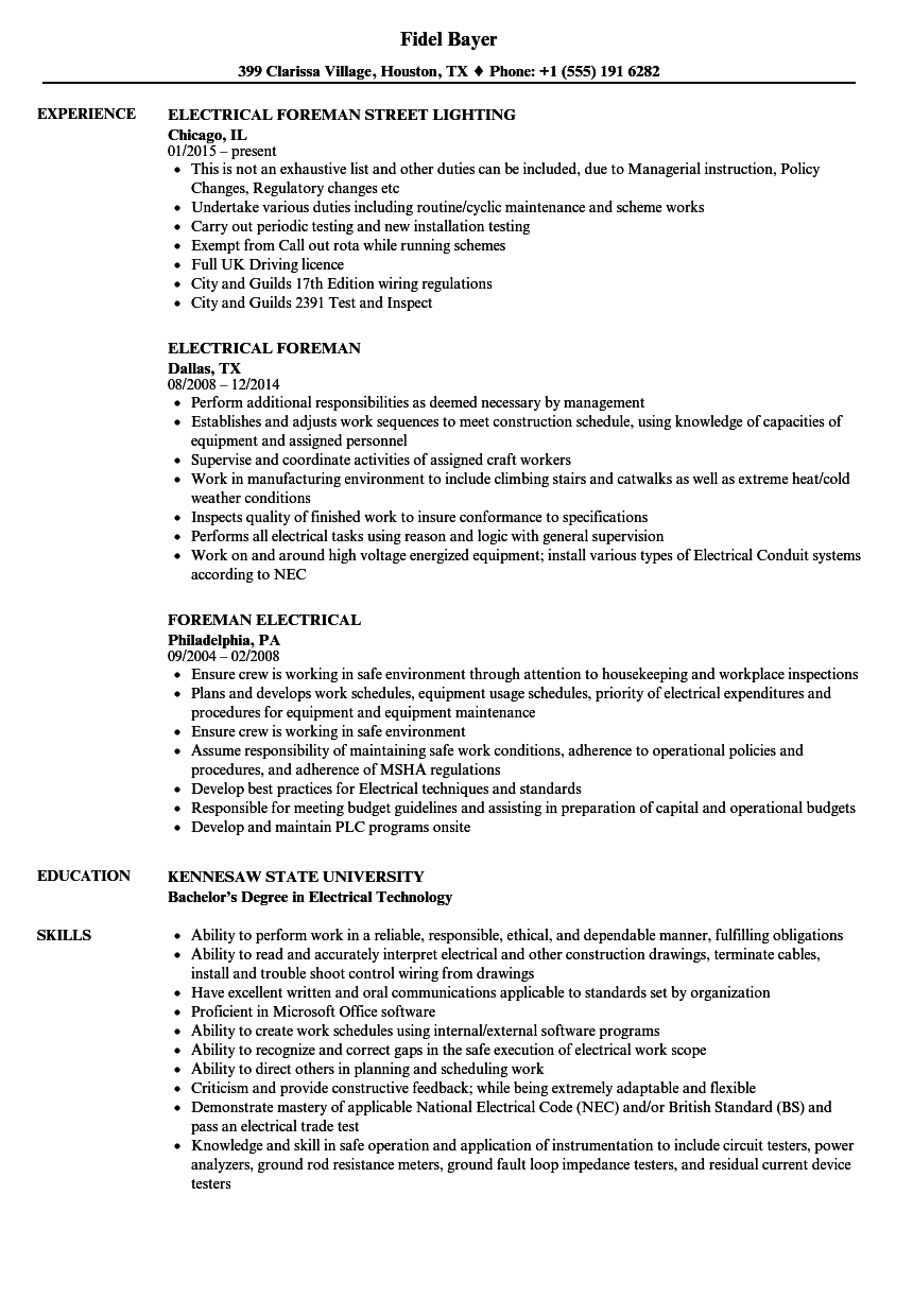 Electrical Foreman Resume Samples Velvet Jobs Electrical Foreman Resume Samples Velvet Jobs
