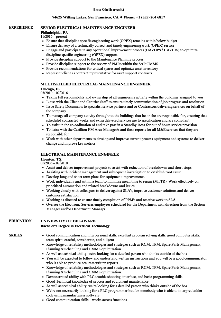 Sample Resume Of Electrical Maintenance Engineer