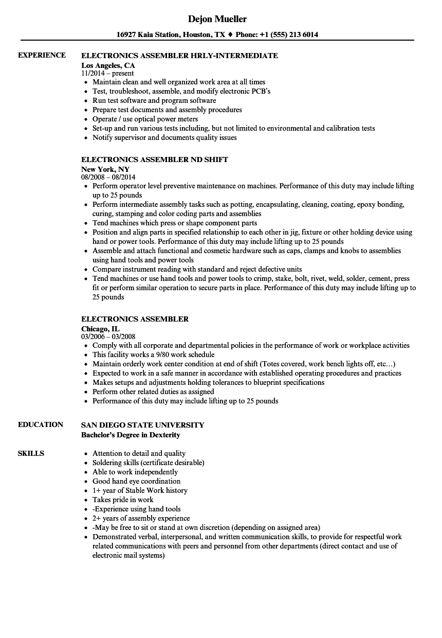 Electronic Assembler Resume Sample