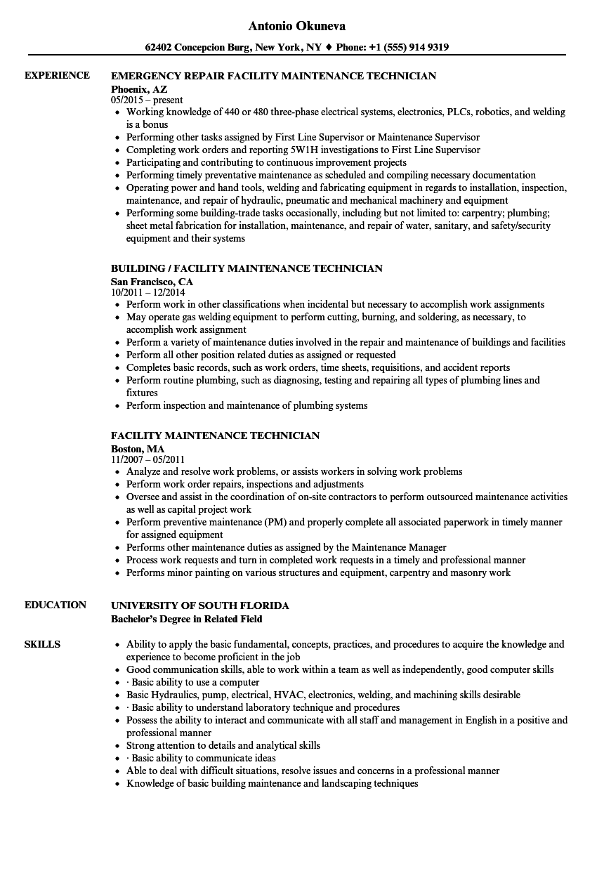 Facility Maintenance Technician Resume Samples Velvet Jobs