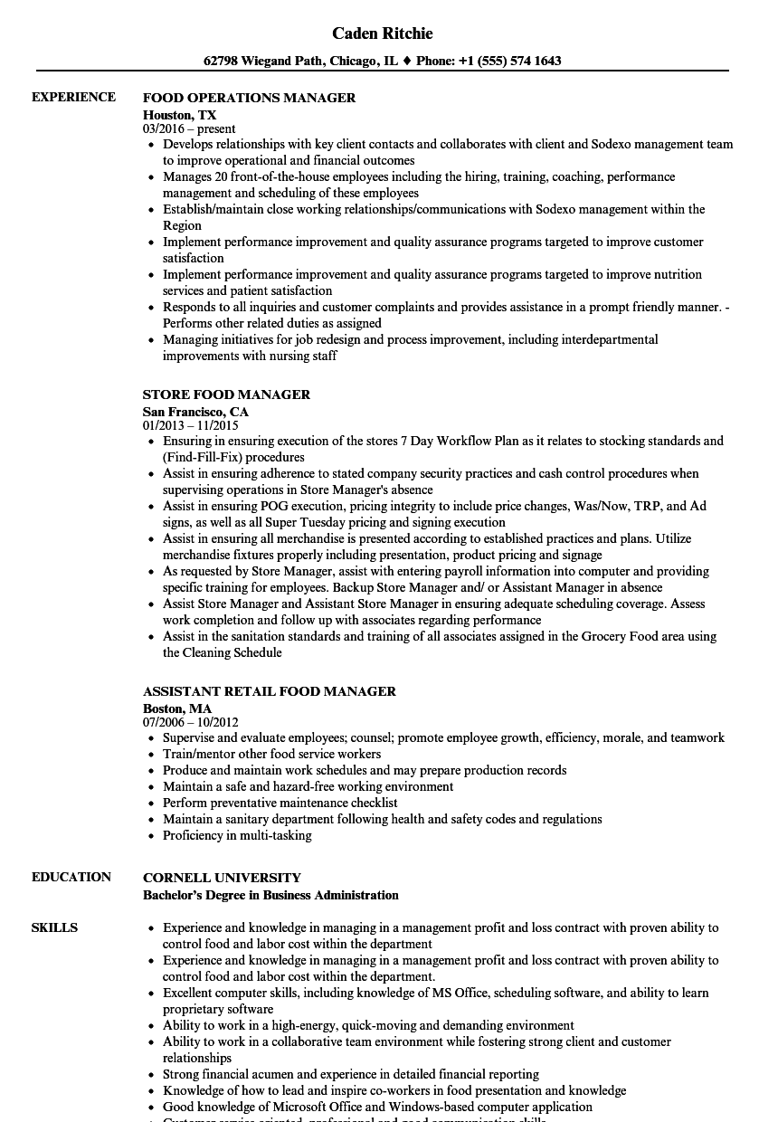 Food Manager Resume Samples Velvet Jobs