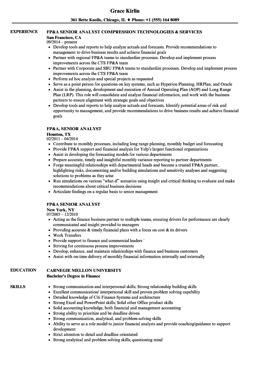 FP A Senior Analyst Resume Samples Velvet Jobs