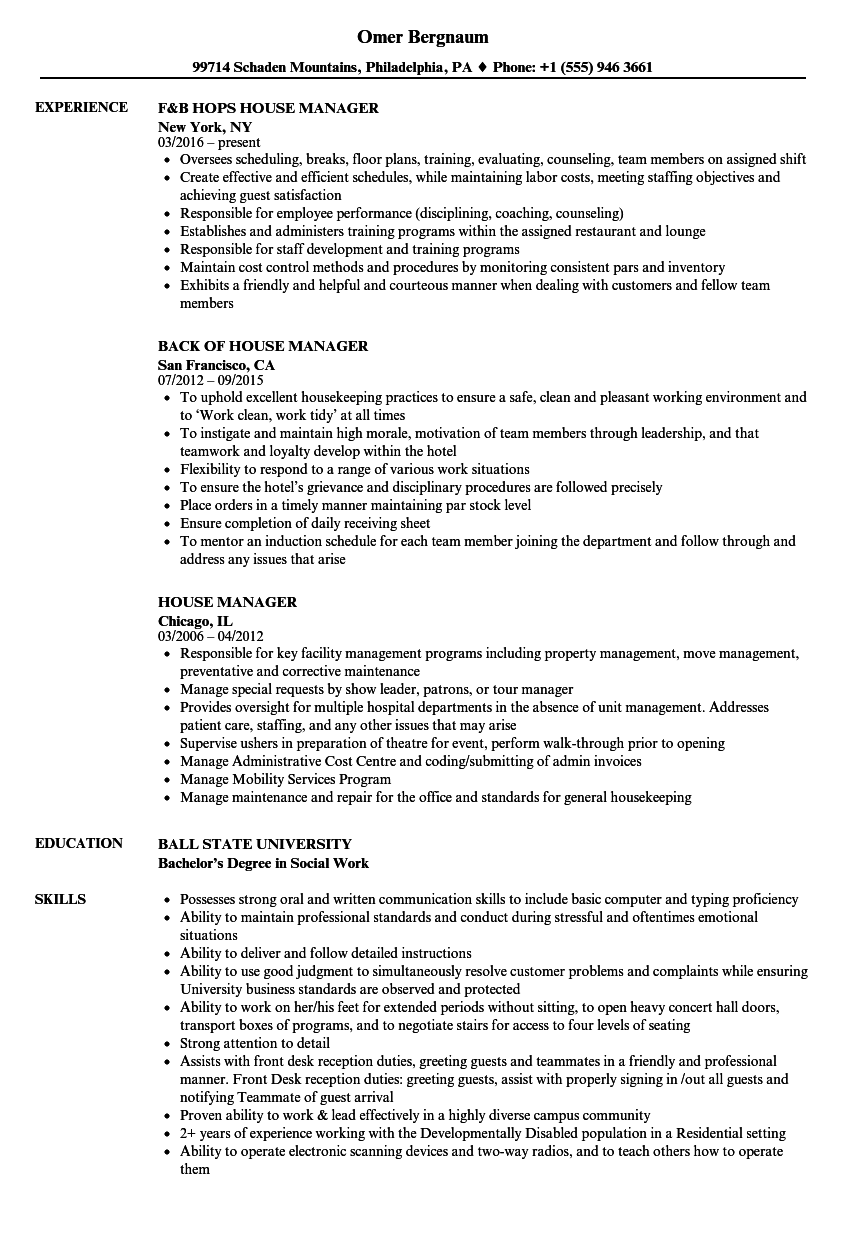 House Manager Resume