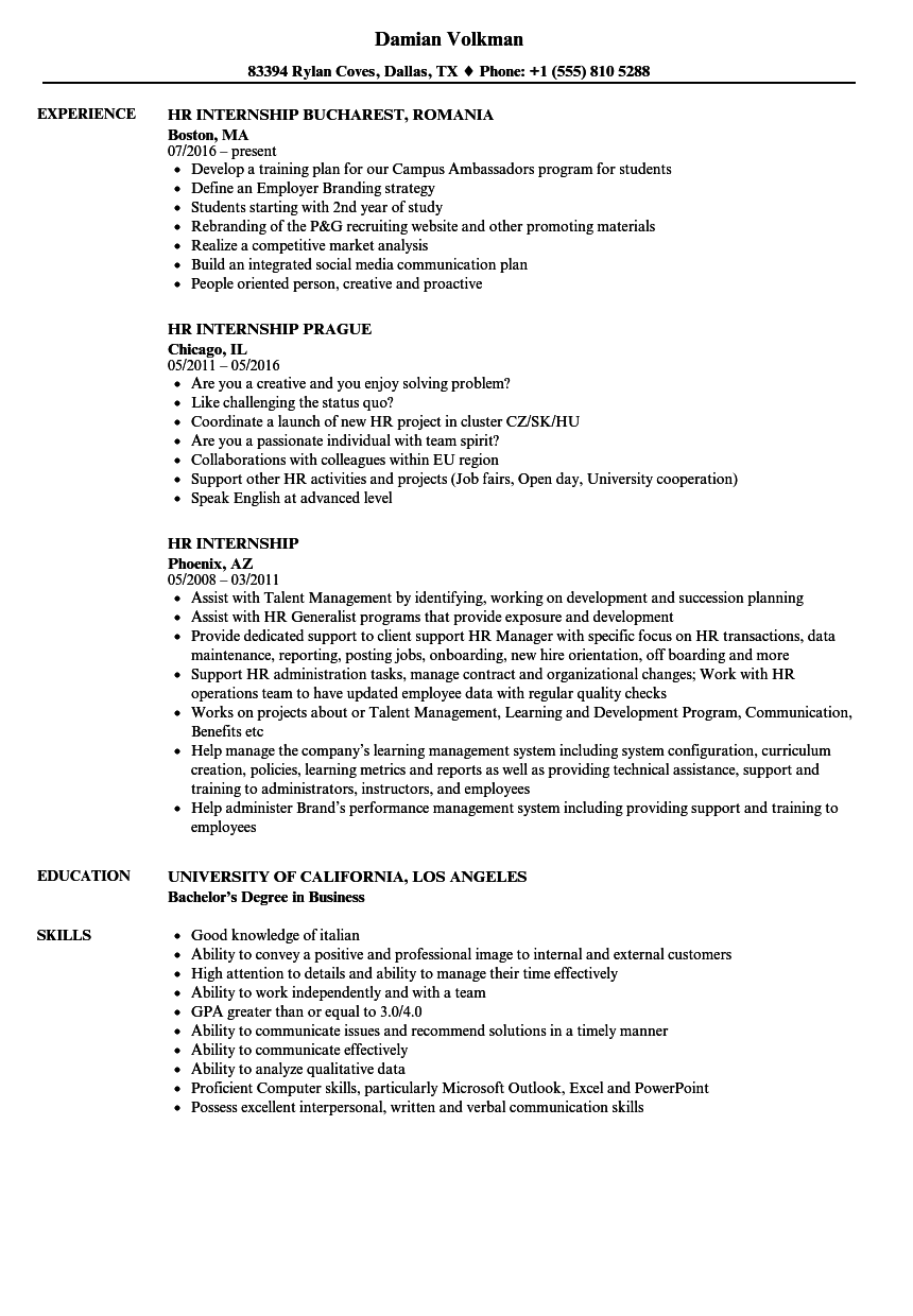 HR Internship Resume Samples Velvet Jobs