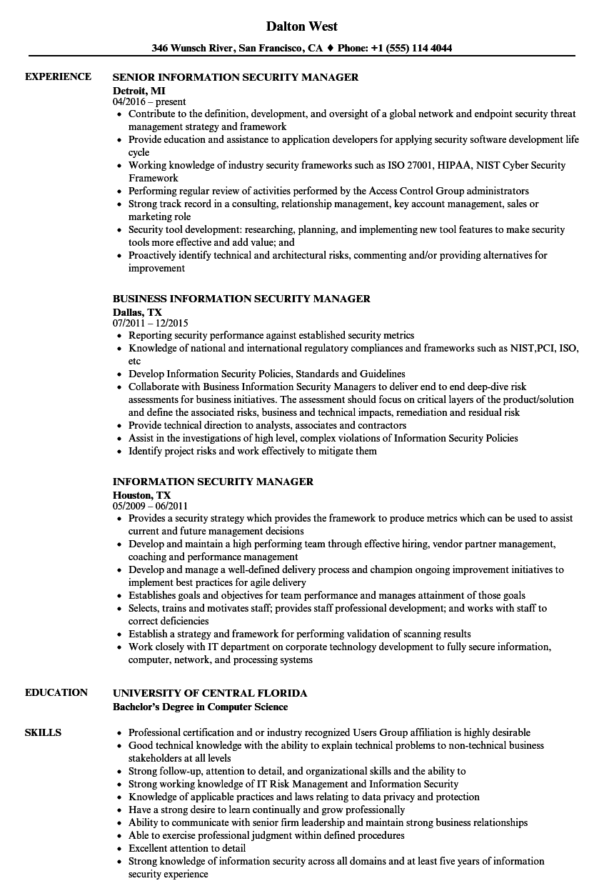 Information Security Manager Resume Samples Velvet Jobs