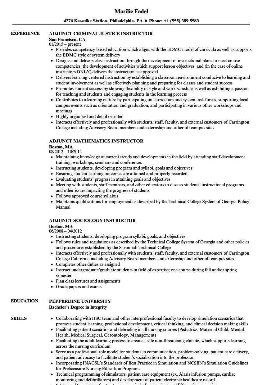 Instructor Adjunct Resume Samples Velvet Jobs
