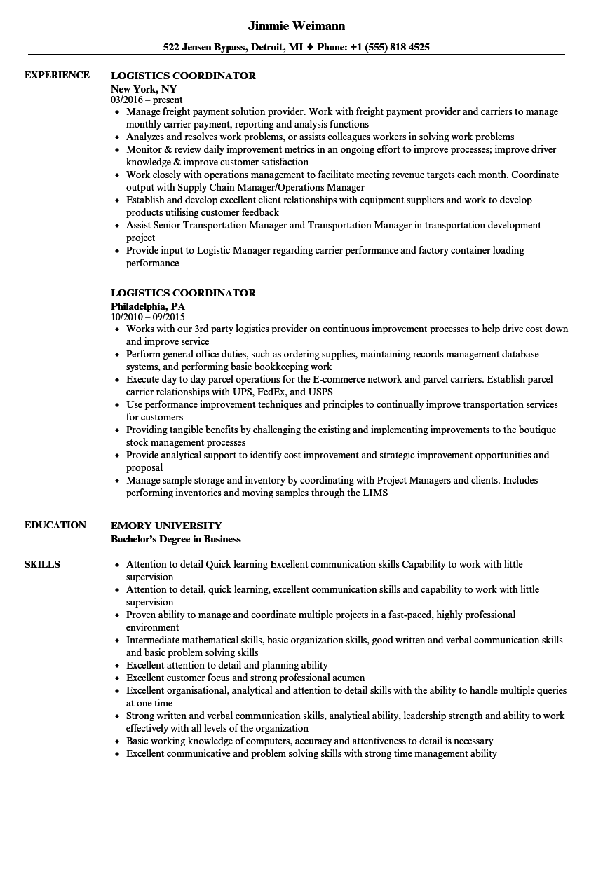Logistics Coordinator Resume Samples Velvet Jobs Logistics Coordinator Resume Samples Velvet Jobs