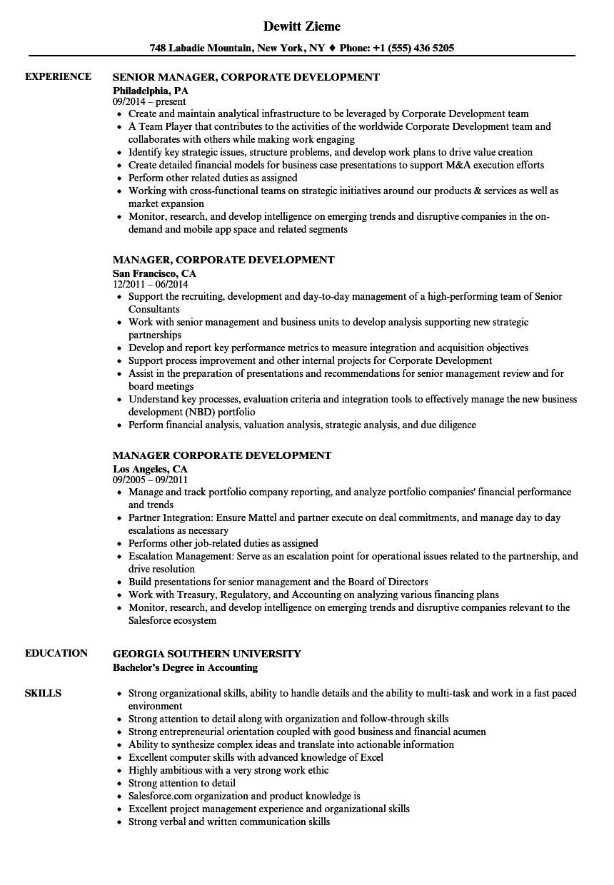 Manager Corporate Development Resume Samples Velvet Jobs