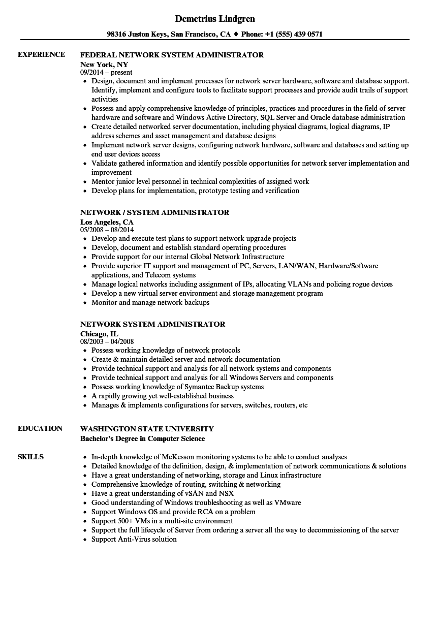 System Administrator Job Resume Bios Pics