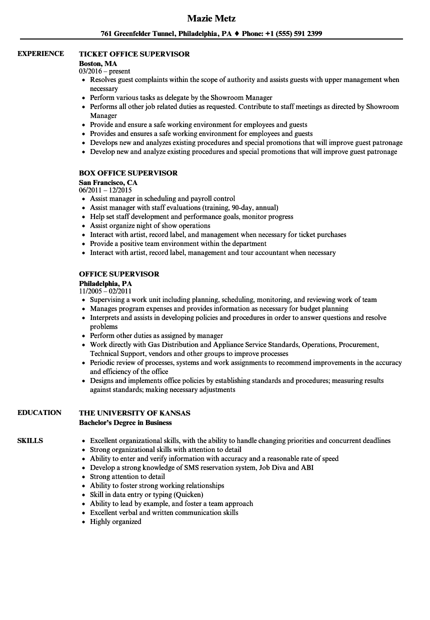 Office Supervisor Resume Samples Velvet Jobs