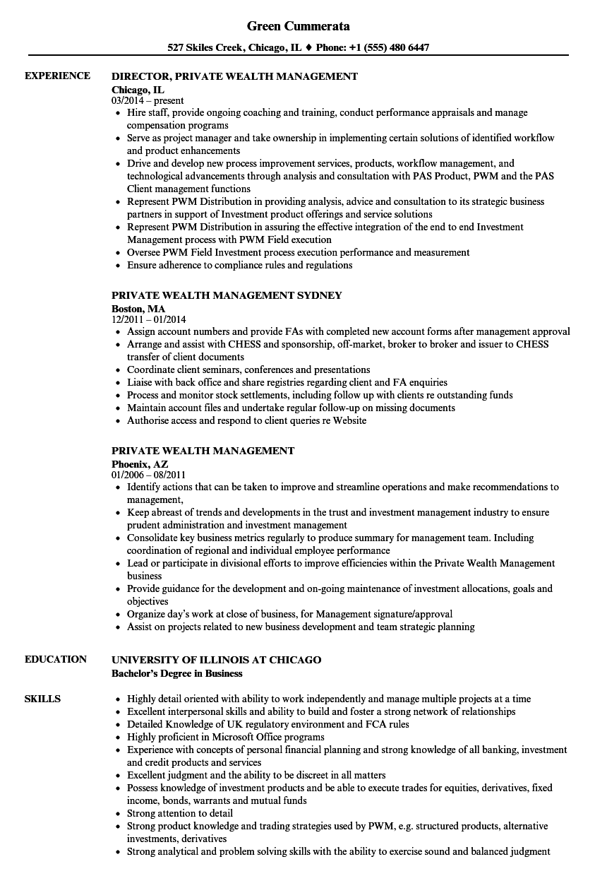 Private Wealth Management Resume Samples Velvet Jobs
