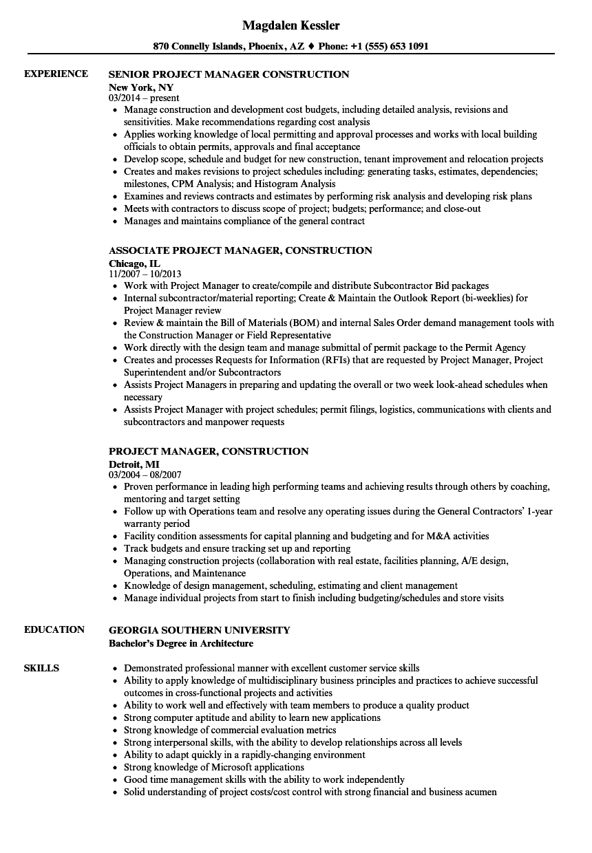 Project Manager Construction Resume Samples Velvet Jobs