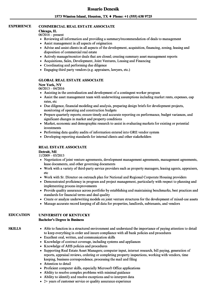 Real Estate Associate Resume Samples | Velvet Jobs Real Estate Associate Resume Samples | Velvet Jobs