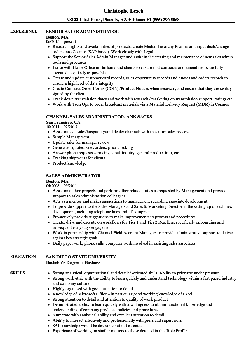 Sales Administrator Resume Samples Velvet Jobs