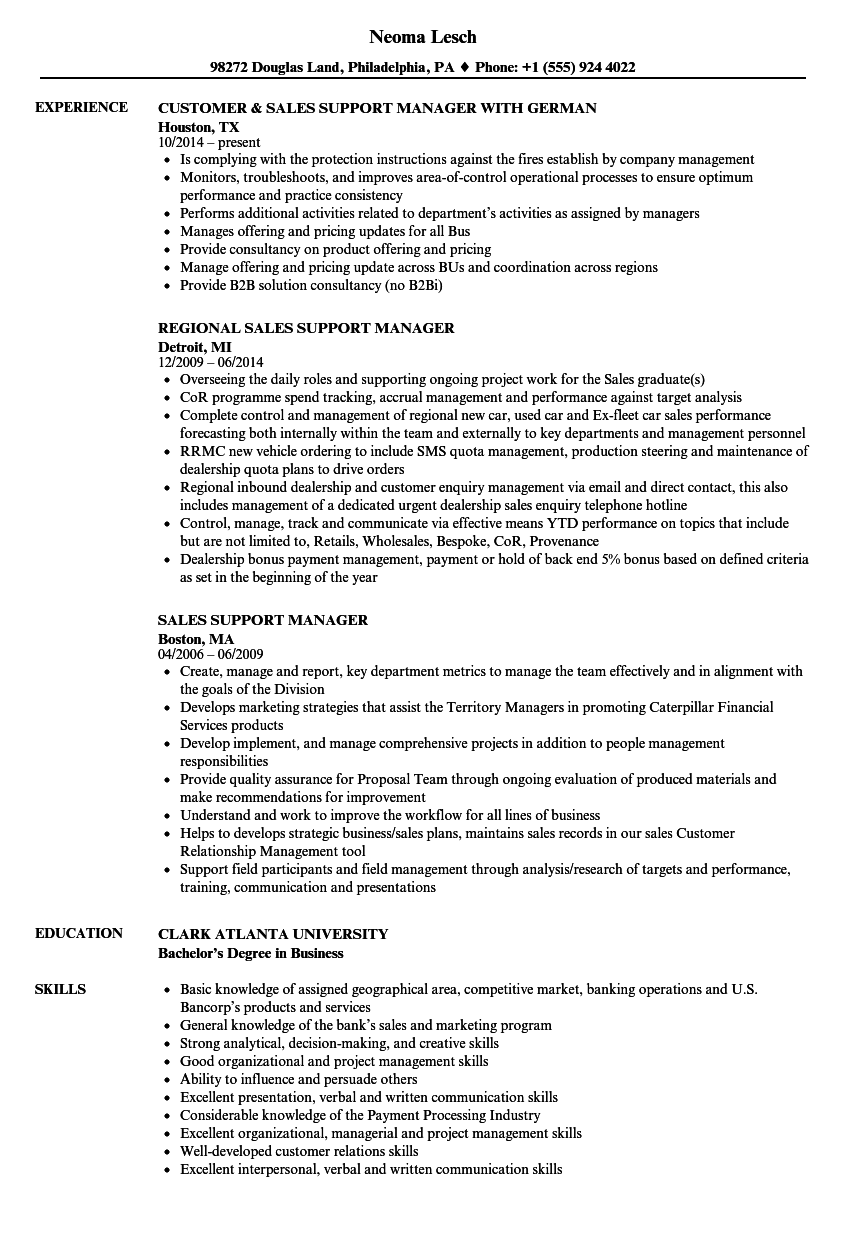 Sales Support Manager Resume Samples Velvet Jobs