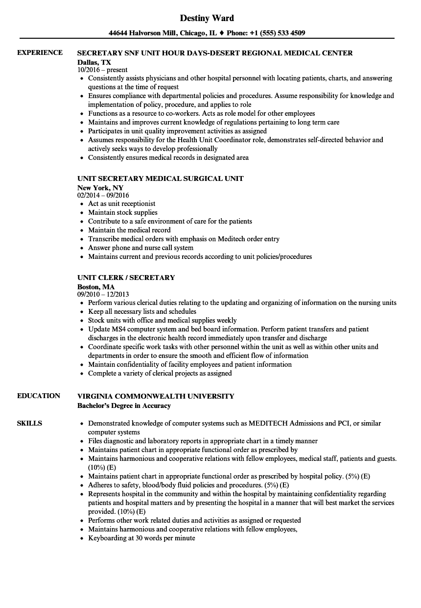 Hospital Unit Secretary Resume
