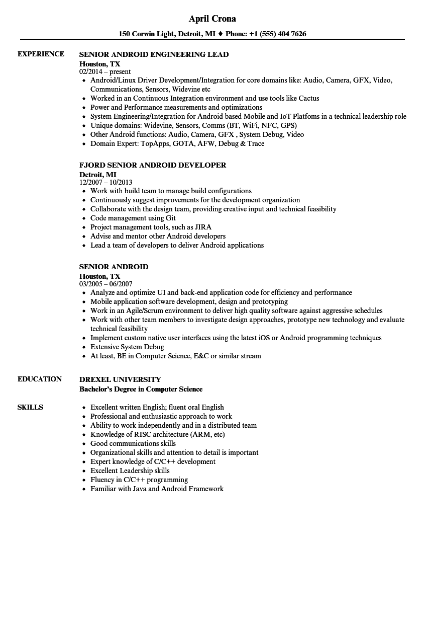 Senior Android Resume Samples | Velvet Jobs Senior Android Resume Samples | Velvet Jobs