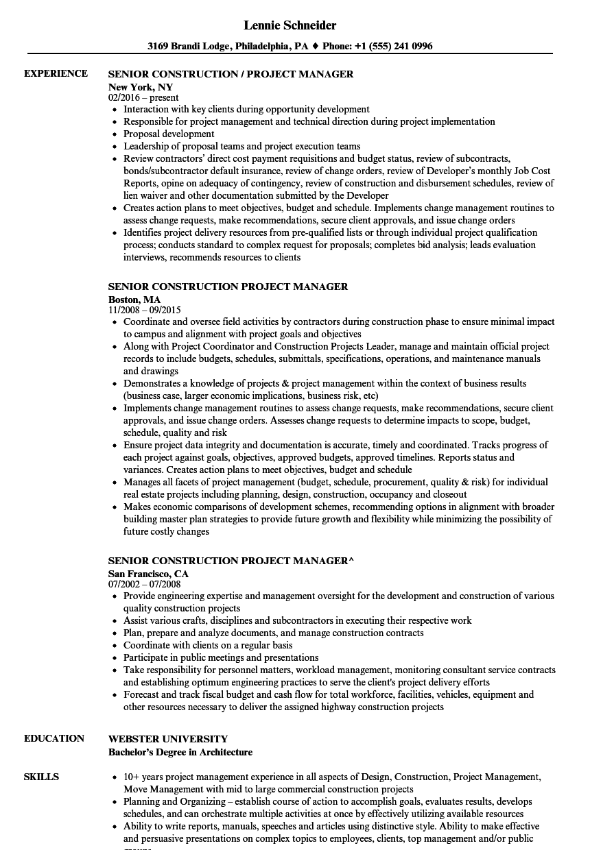 Senior Construction Project Manager Resume Samples Velvet Jobs