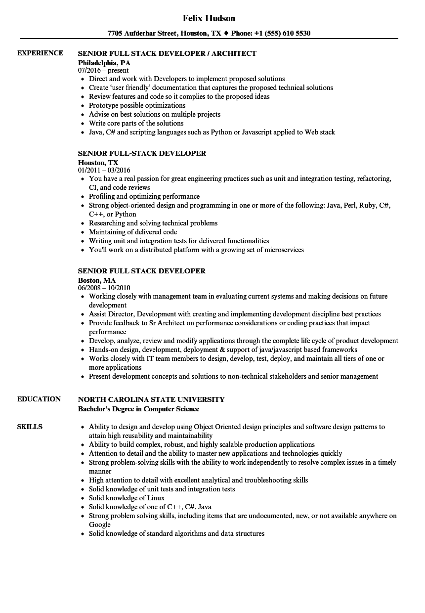 Senior Full Stack Developer Resume Samples Velvet Jobs