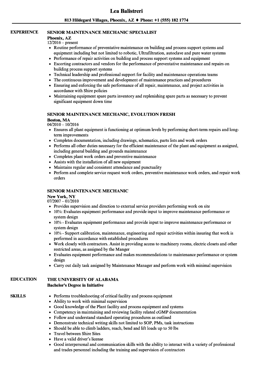 Senior Maintenance Mechanic Resume Samples Velvet Jobs