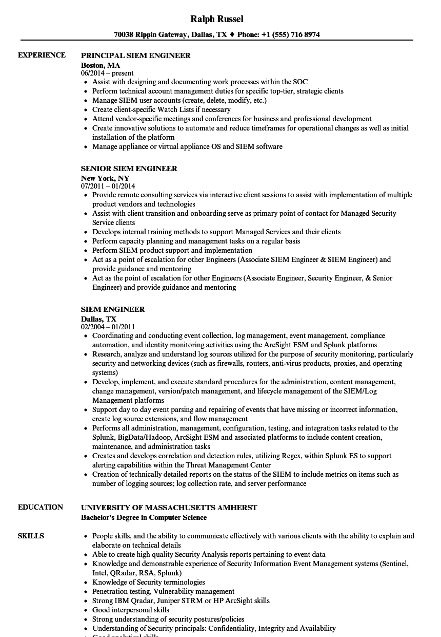 Siem Engineer Resume Samples | Velvet Jobs Siem Engineer Resume Samples | Velvet Jobs