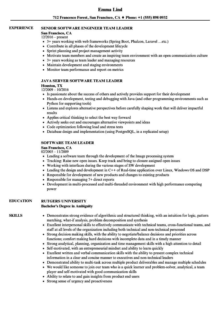 Software Team Lead Resume TUTORE ORG Master Of Documents