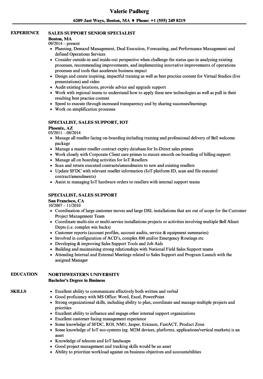 Specialist Sales Support Resume Samples Velvet Jobs
