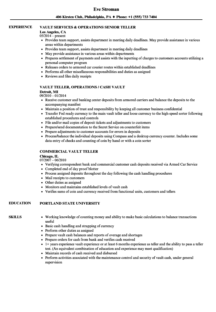 Vault Teller Resume Samples Velvet Jobs